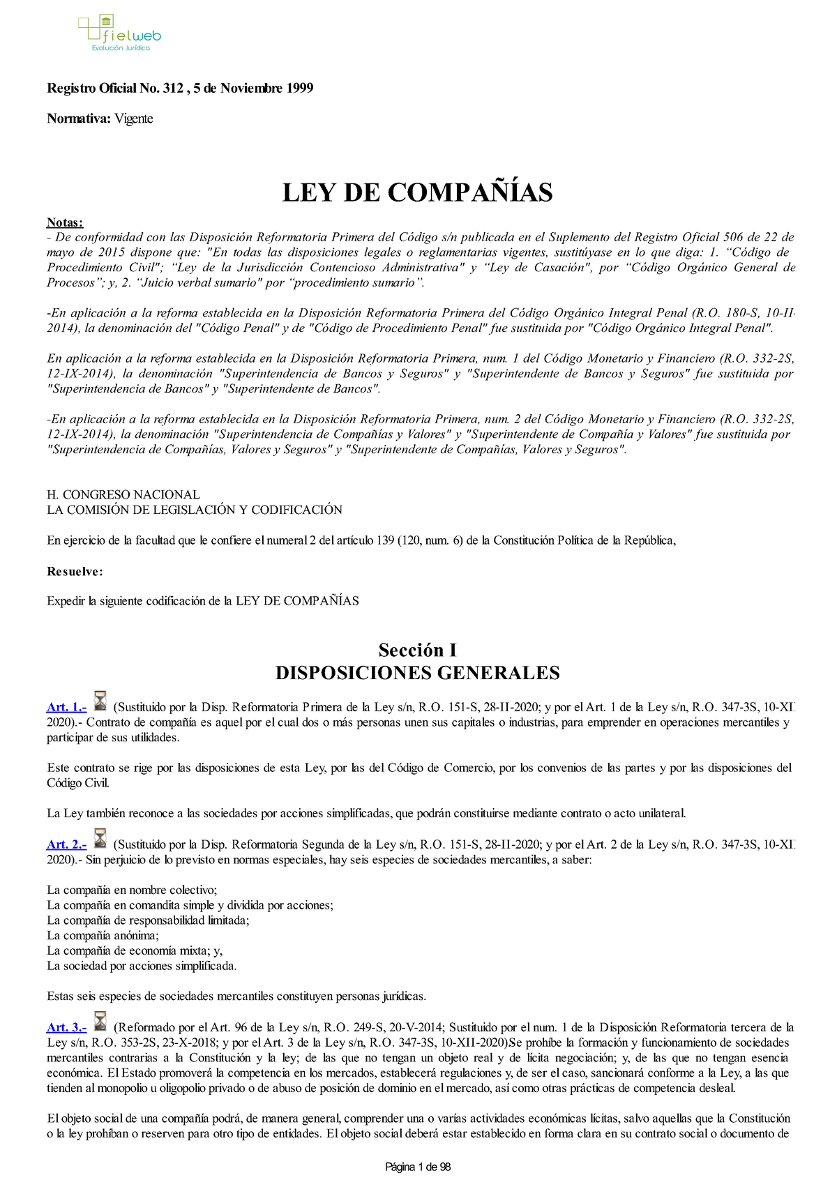 Ley De Compañias Registro Oficial No 312 5 De Noviembre 1999