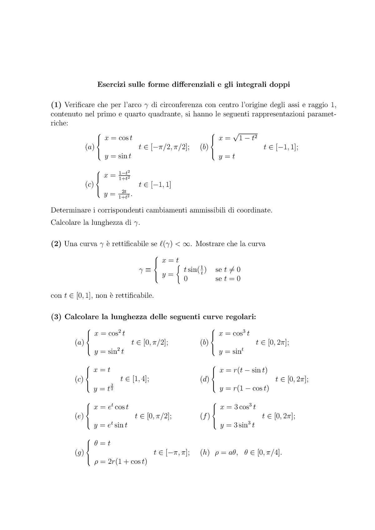 Esercizi Matematica Ii Forme Differenziali E Integrali Doppi Aa