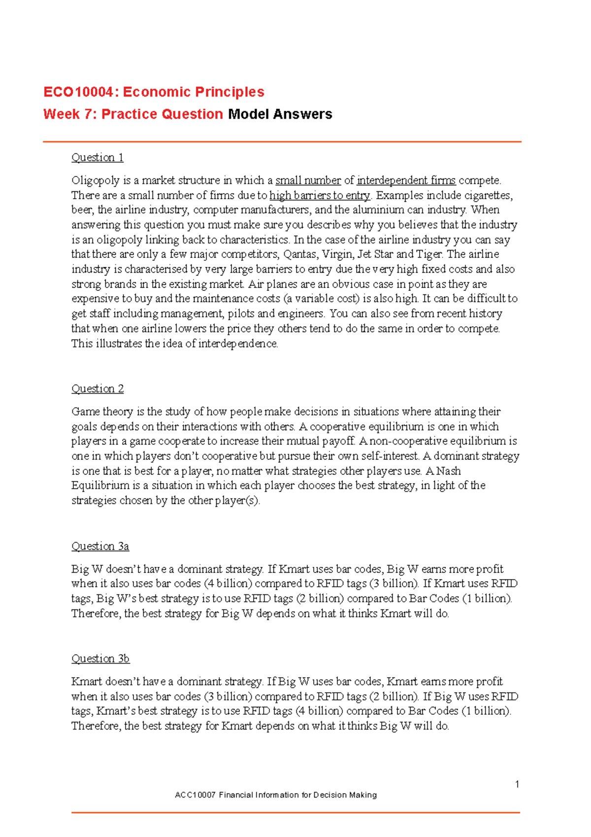 Eco10004 Practice Questions Model Answers Week7 Eco10004 Economic