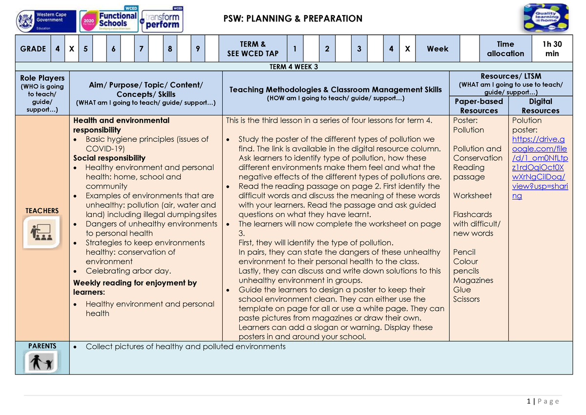 Lesson Plan Gr 4 Life Skills Psw Term 4 Week 4 Psw Planning