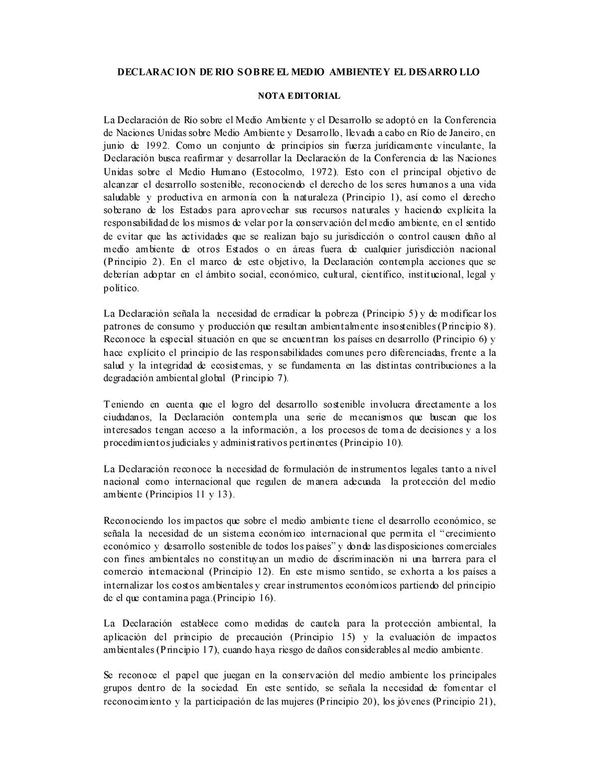 Declaración De RÍo 1992 Declarac Ion De Rio S Ob Re El Medio Ambiente