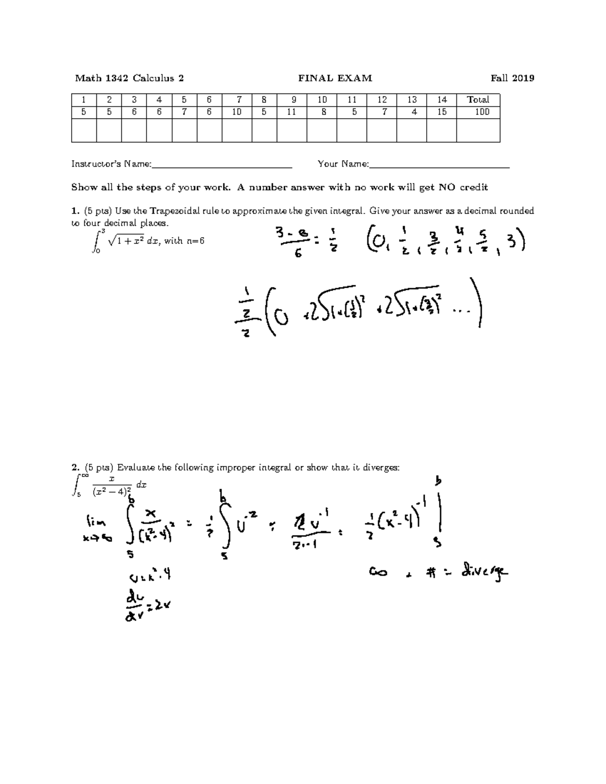 1342 Final Exam Fall 2019 Math 1342 Calculus 2 Final Exam Fall 2019