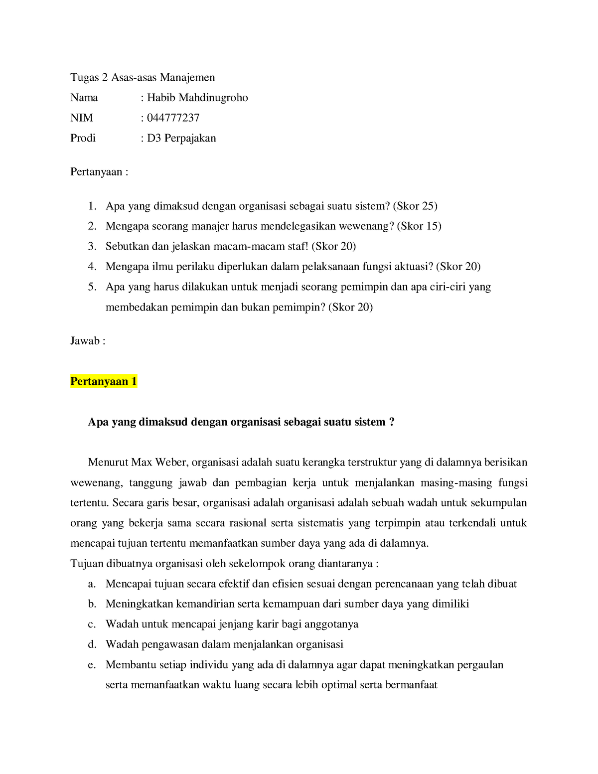 Tugas 2 Isip4111 Asas Asas Manajemen Habib Mahdinugroho 044777237 Pdf