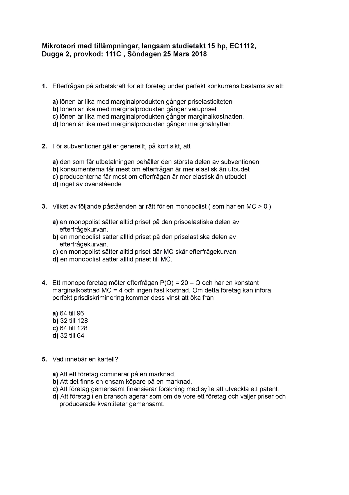 Dugga 2 2018 Mikroteori Med Tillämpningar Mikroteori Med