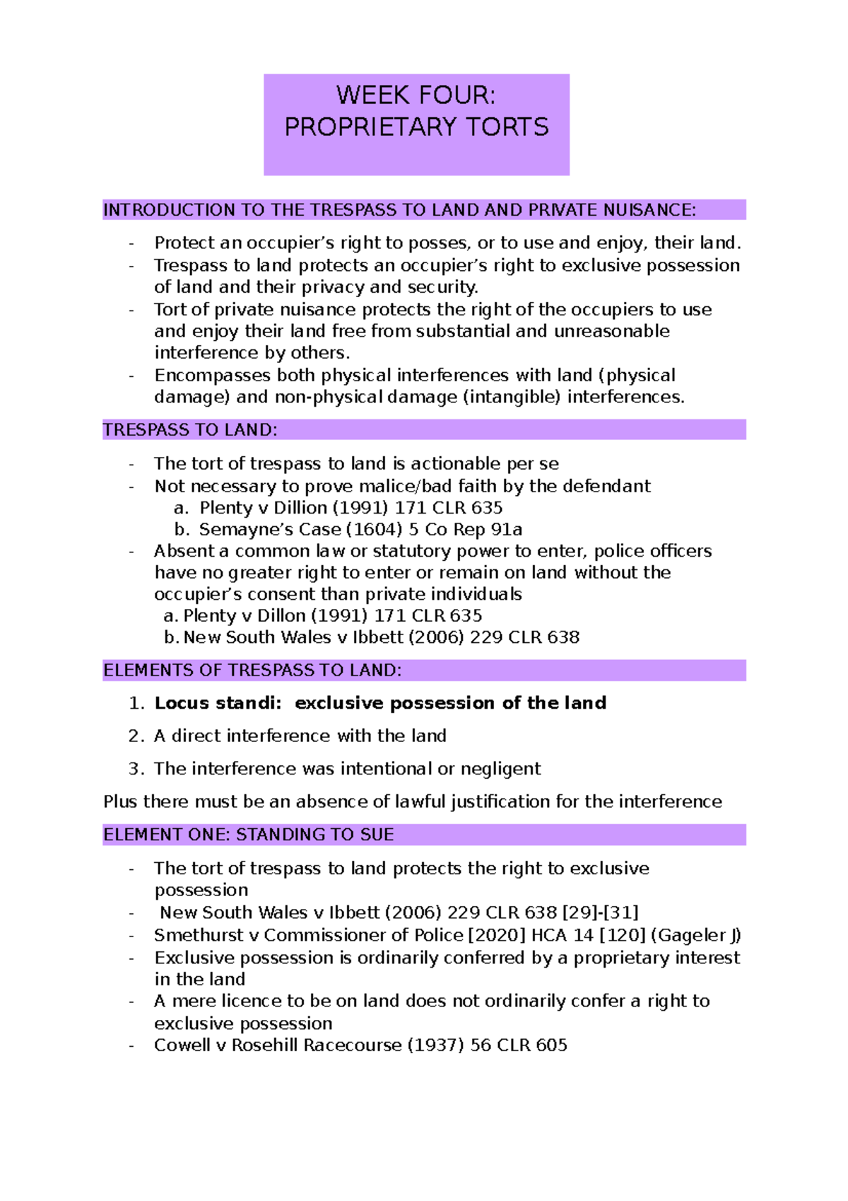 Week Four Week Four Lecture Notes On Proprietary Torts Trespass To