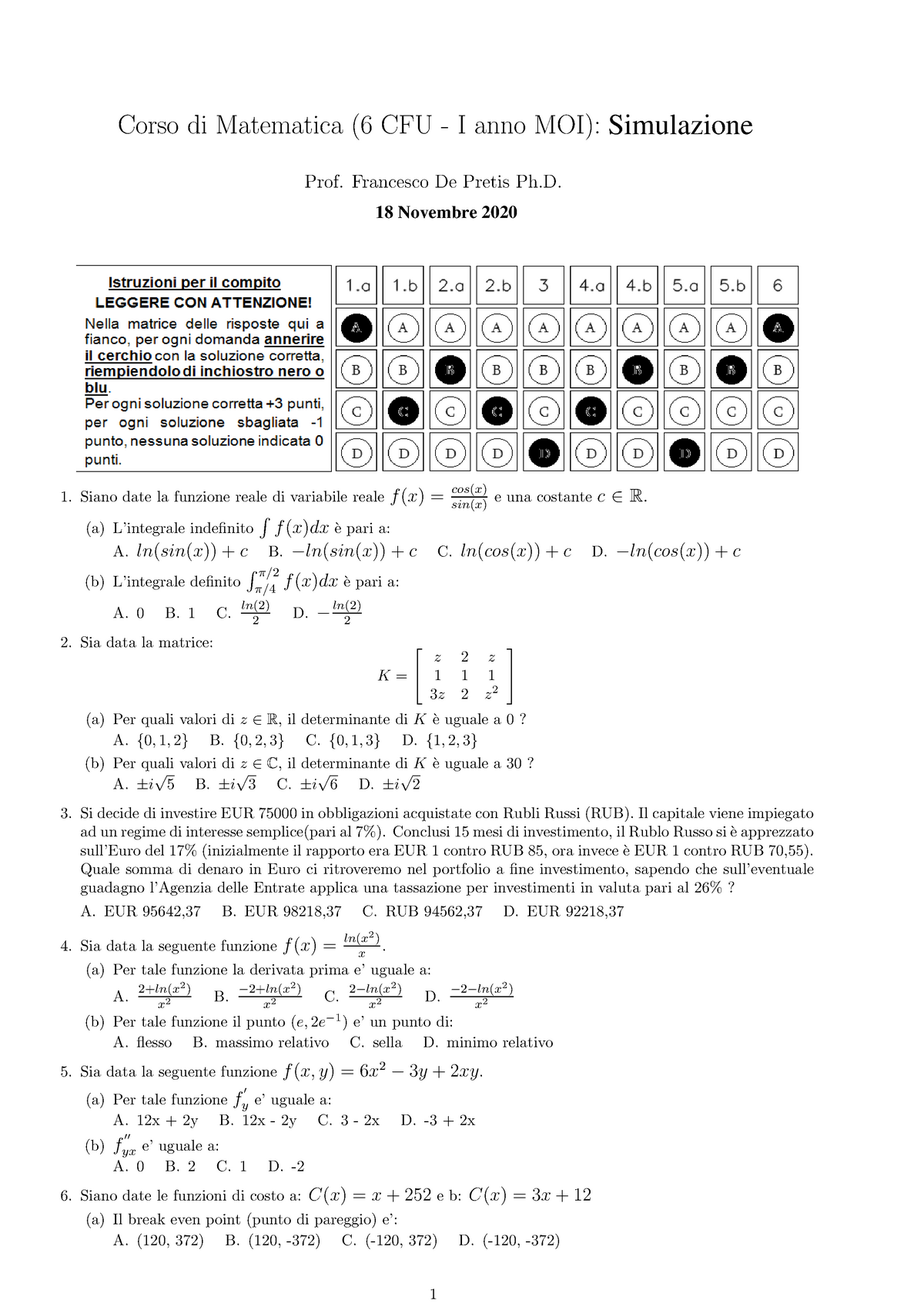 Simulazione Prova Desame 18 Dicembre 2020 Analisi Matematica 2