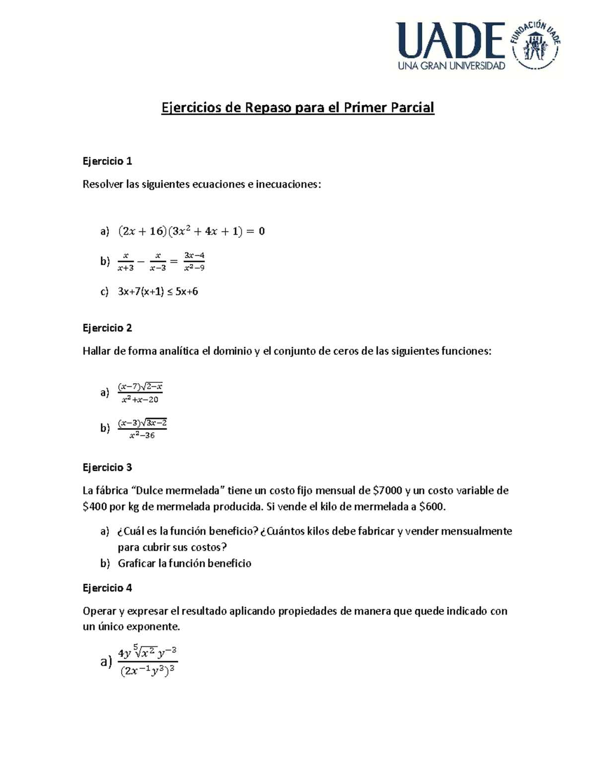 Repaso Primer Parcial Ejercicios De Repaso Para El Primer Parcial