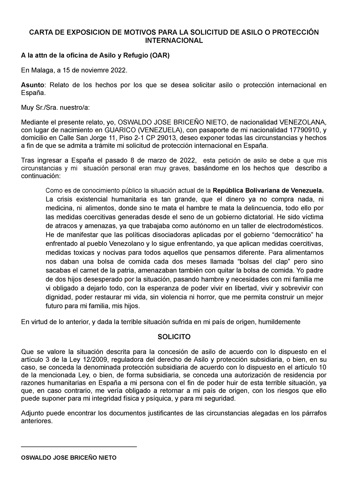 Relato Para La Solicitud De Asilo En Espana Carta De Exposicion De