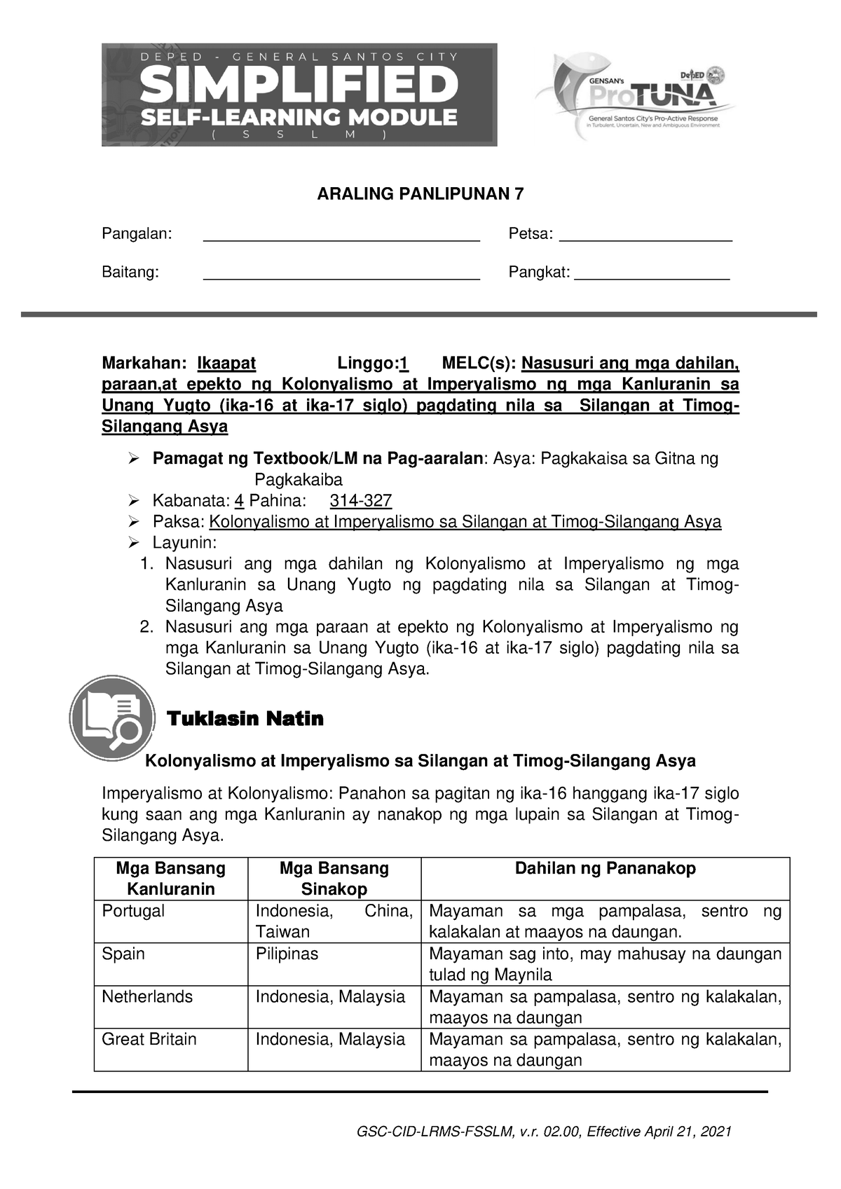 Ap7 Q4 Week 1 Module Araling Panlipunan 7 Pangalan