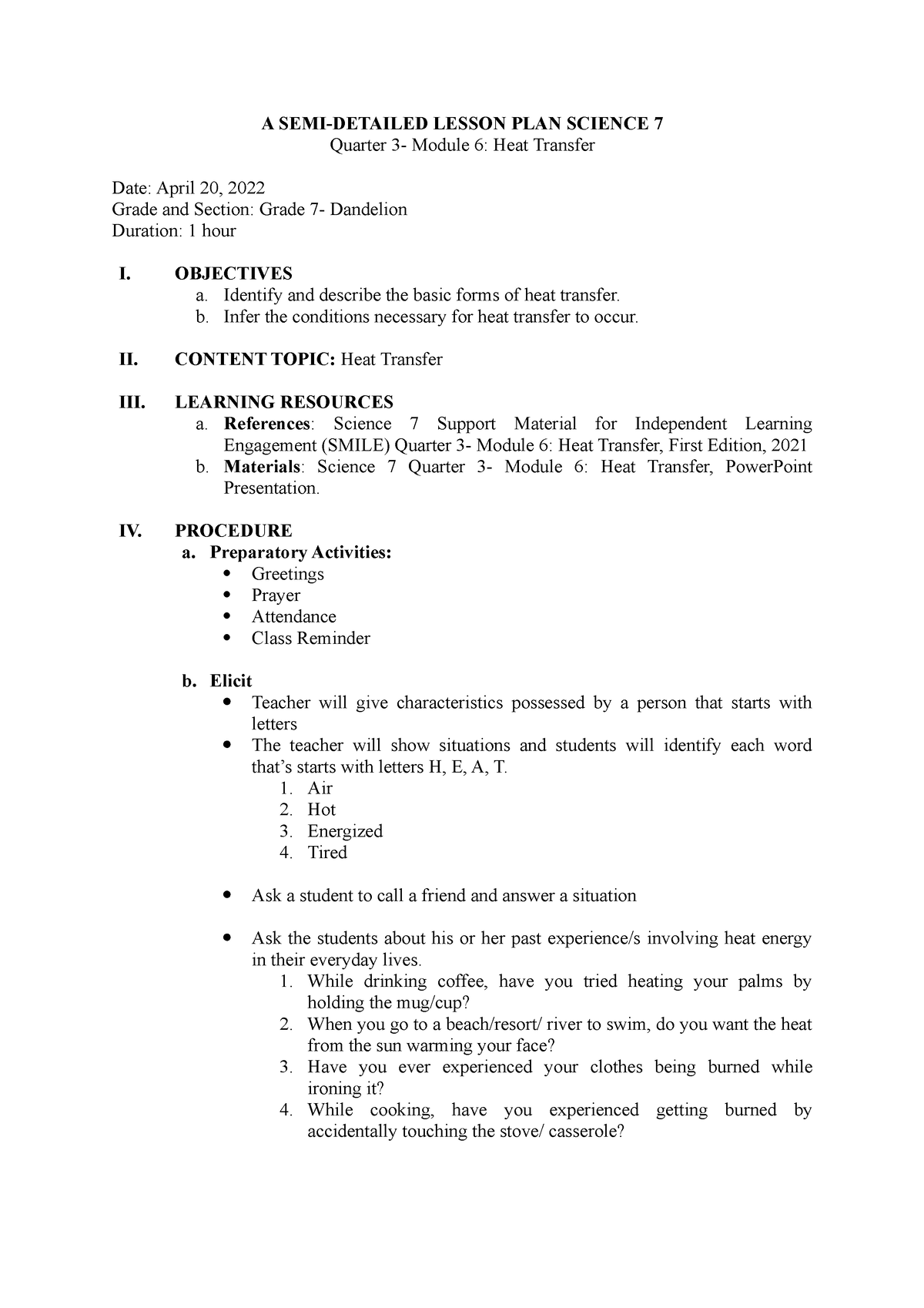 Semi Detailed Lesson Plan Grade 7 Heat Transfer A Semi Detailed