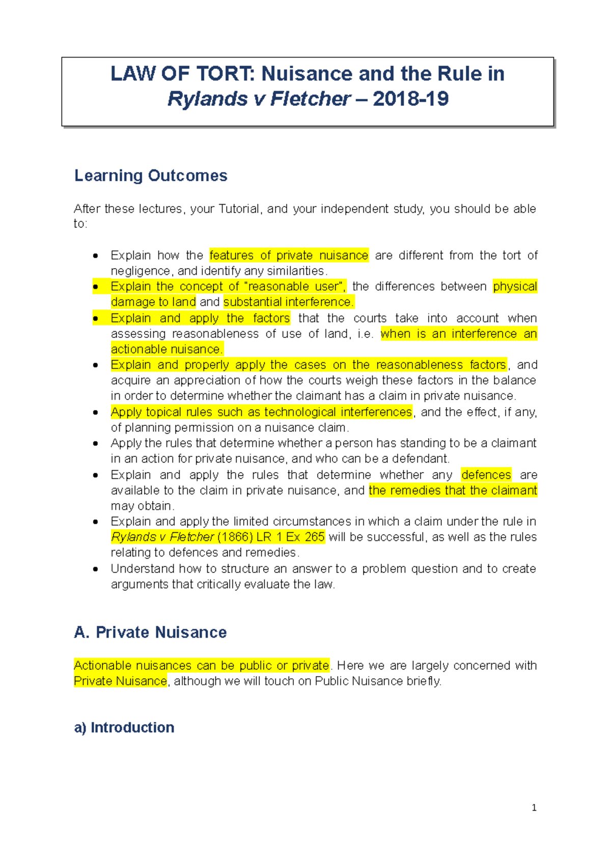 Tort Nuisance And Rylands Lecture Handout 2019 Learning Outcomes