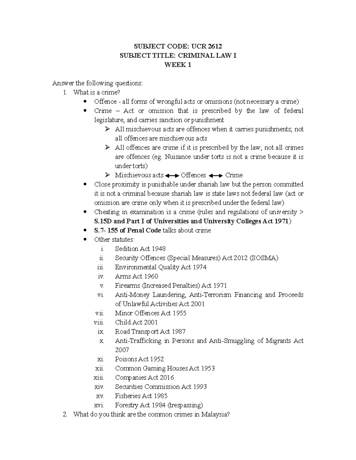 Tutorial 1 Subject Code Ucr 2612 Subject Title Criminal Law I Week