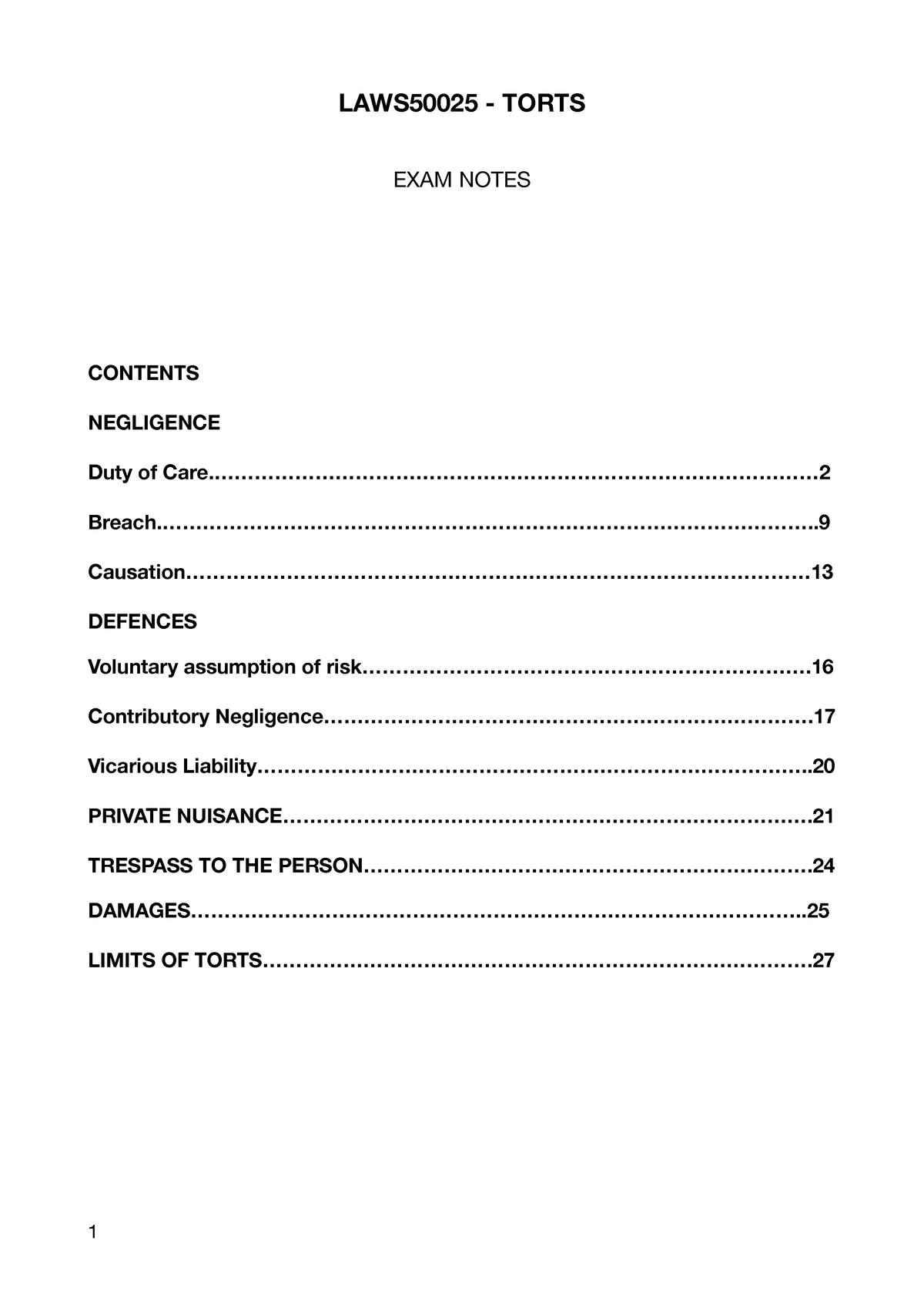 Comprehensive Torts Exam Notes Sem 1 2022 H1 Laws50025 Torts Exam