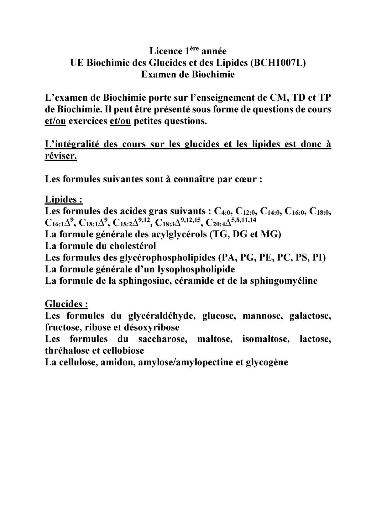 Formules à Retenir Examen De Biochimie Licence 1ère Année Ue