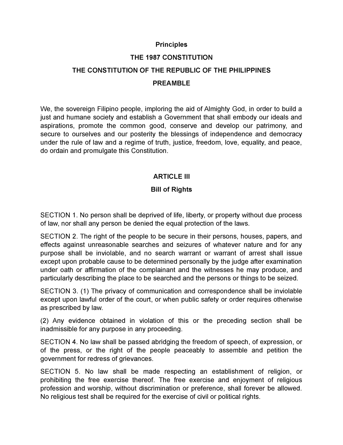 1987 Philippine Constitution Principles The 1987 Constitution The