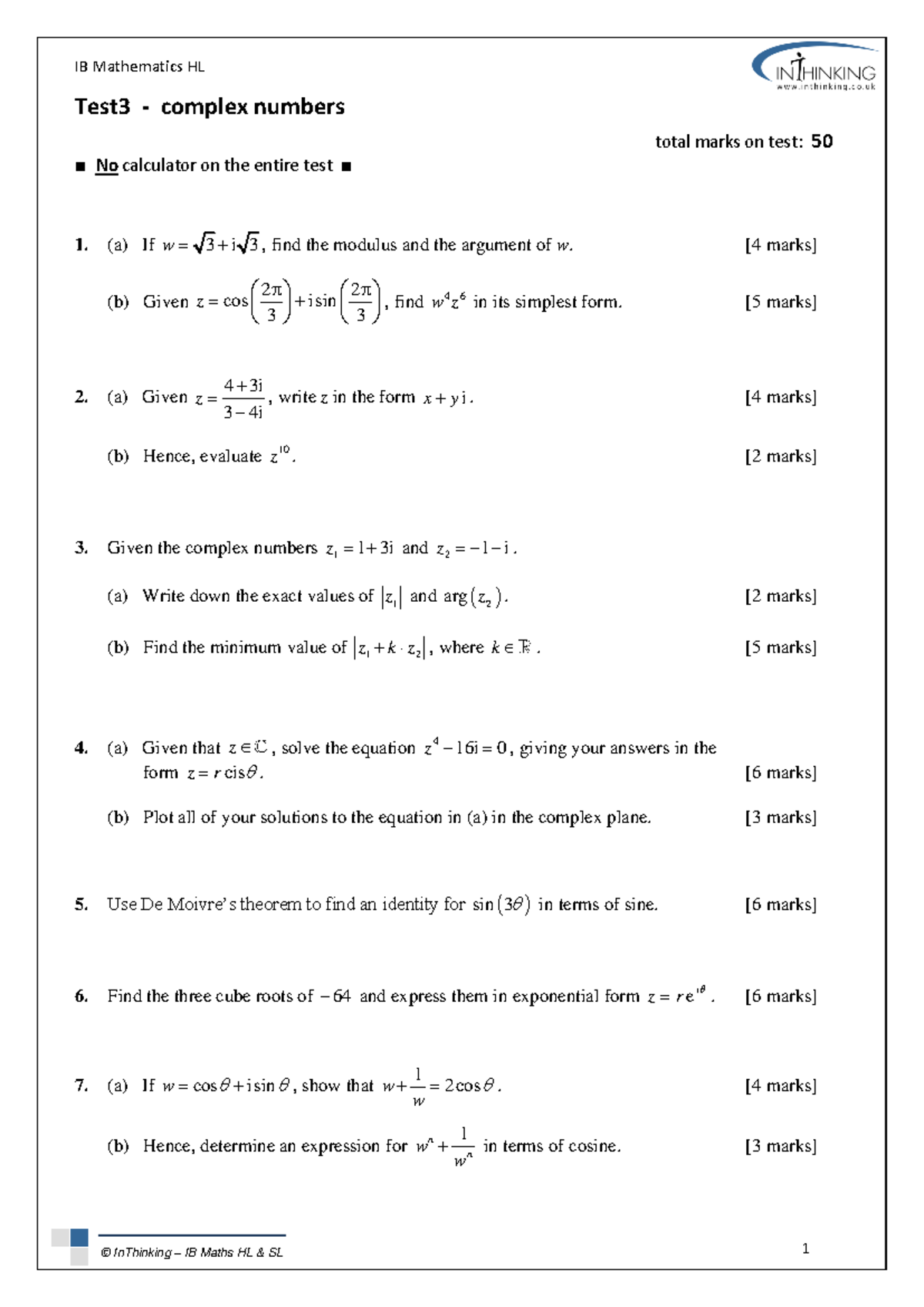 Test3 Hl Complex Nmbrs V1 Ib Mathematics Hl Test 3 Complex Numbers