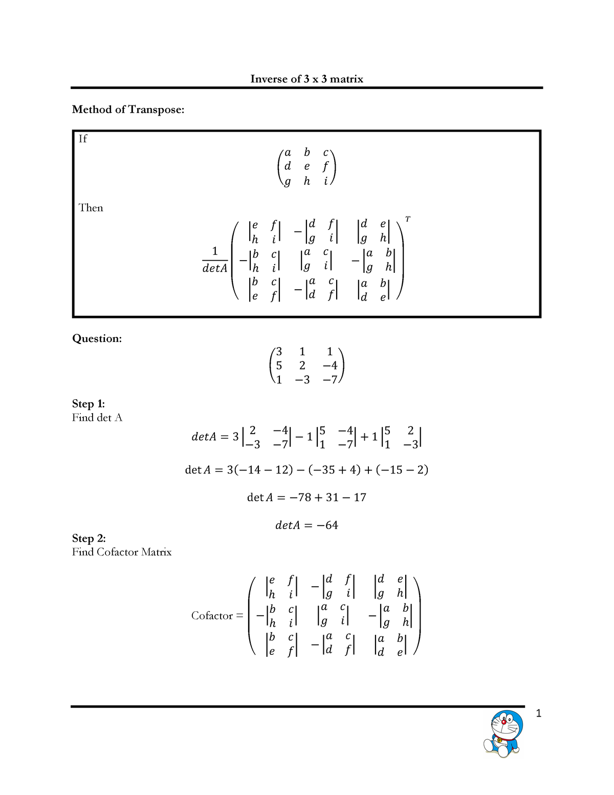 Inverse Of 3x3 Matrix 1 Inverse Of 3 X 3 Matrix Method Of Transpose