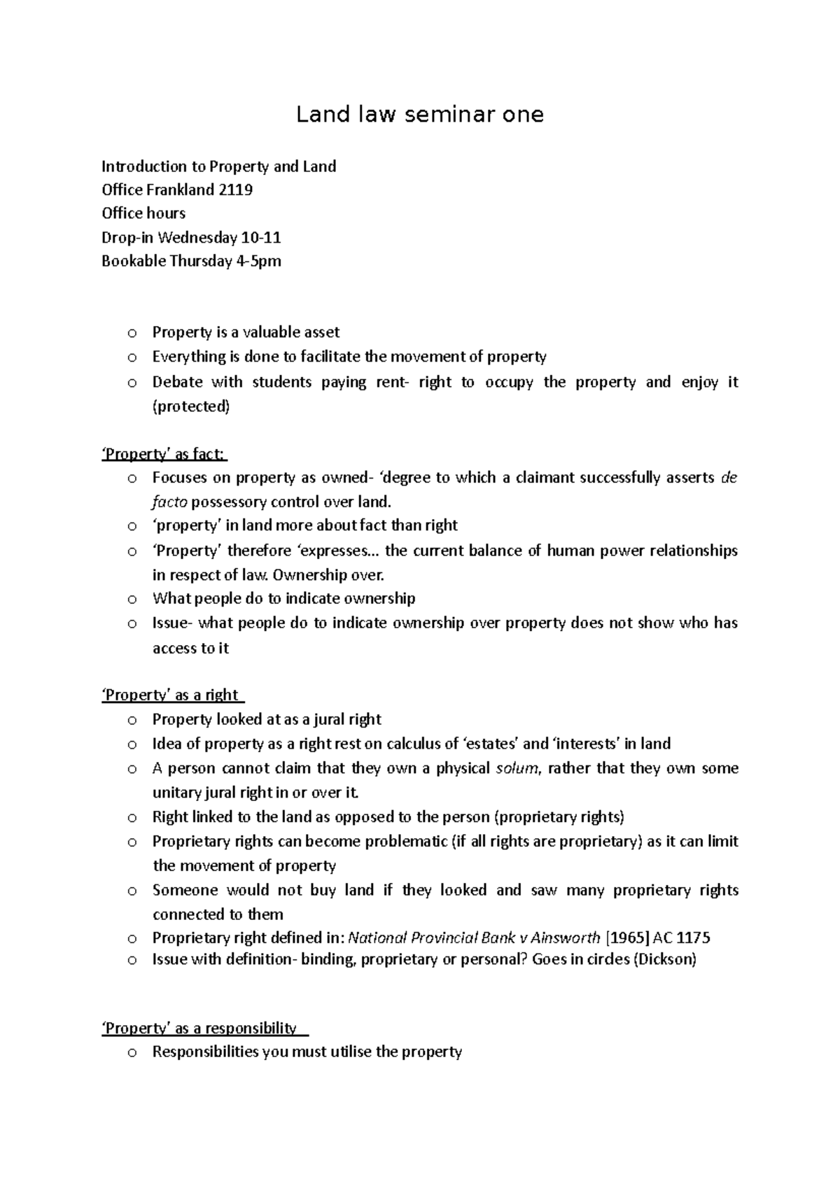 Land Law Seminar One Land Law Seminar One Introduction To Property