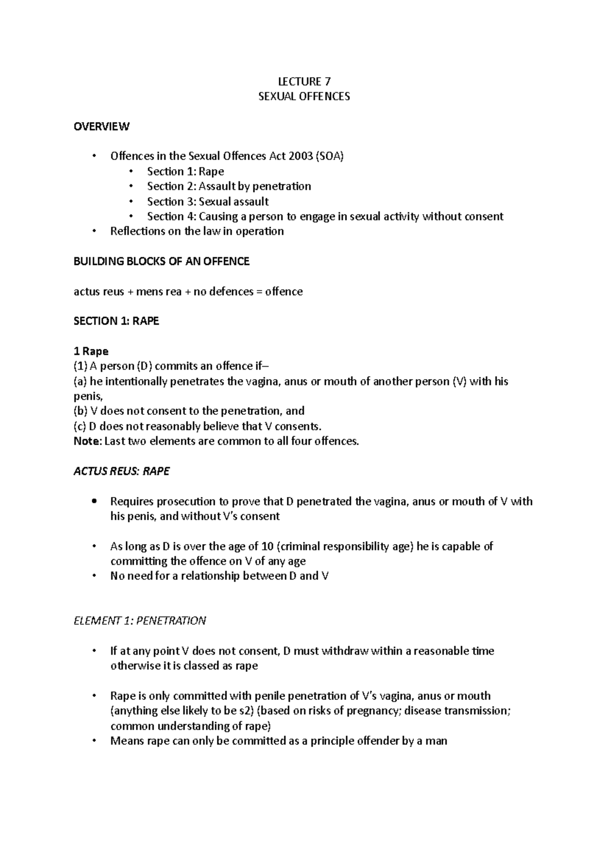 Lecture 7 Sexual Offences Lecture 7 Sexual Offences Overview