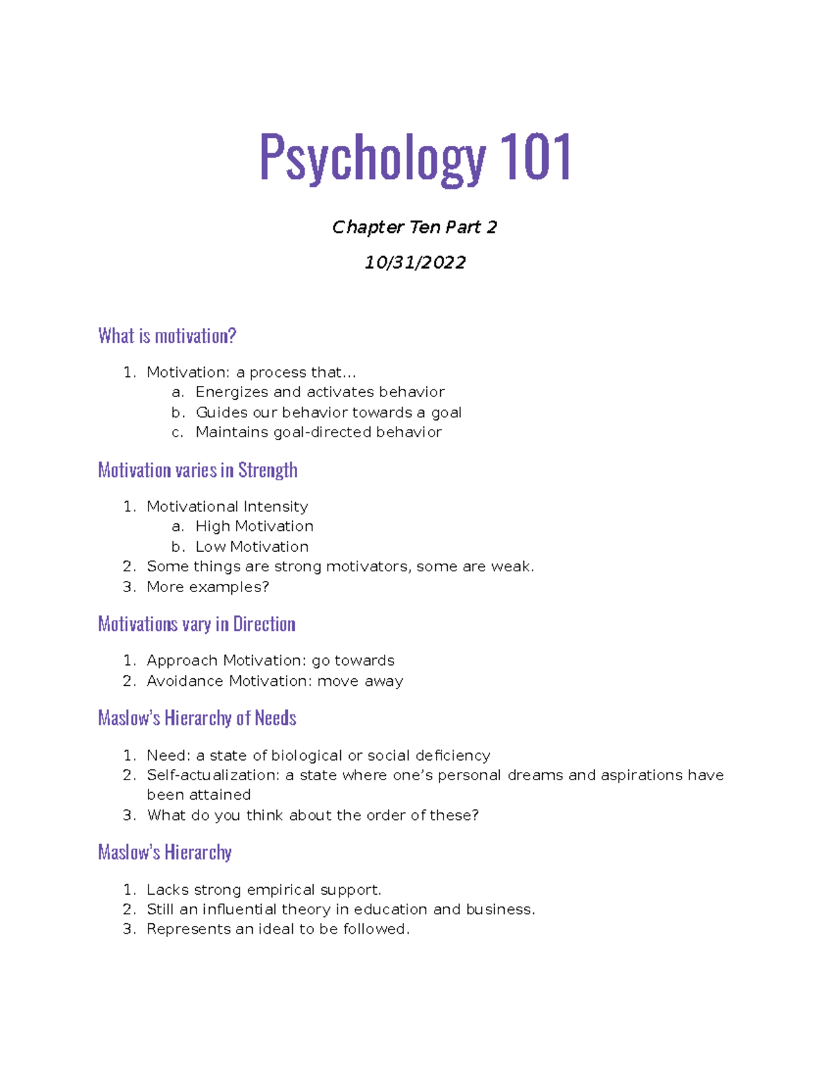 Py 101 Chapter Ten Notes Part Two Psychology 101 Chapter Ten Part 2