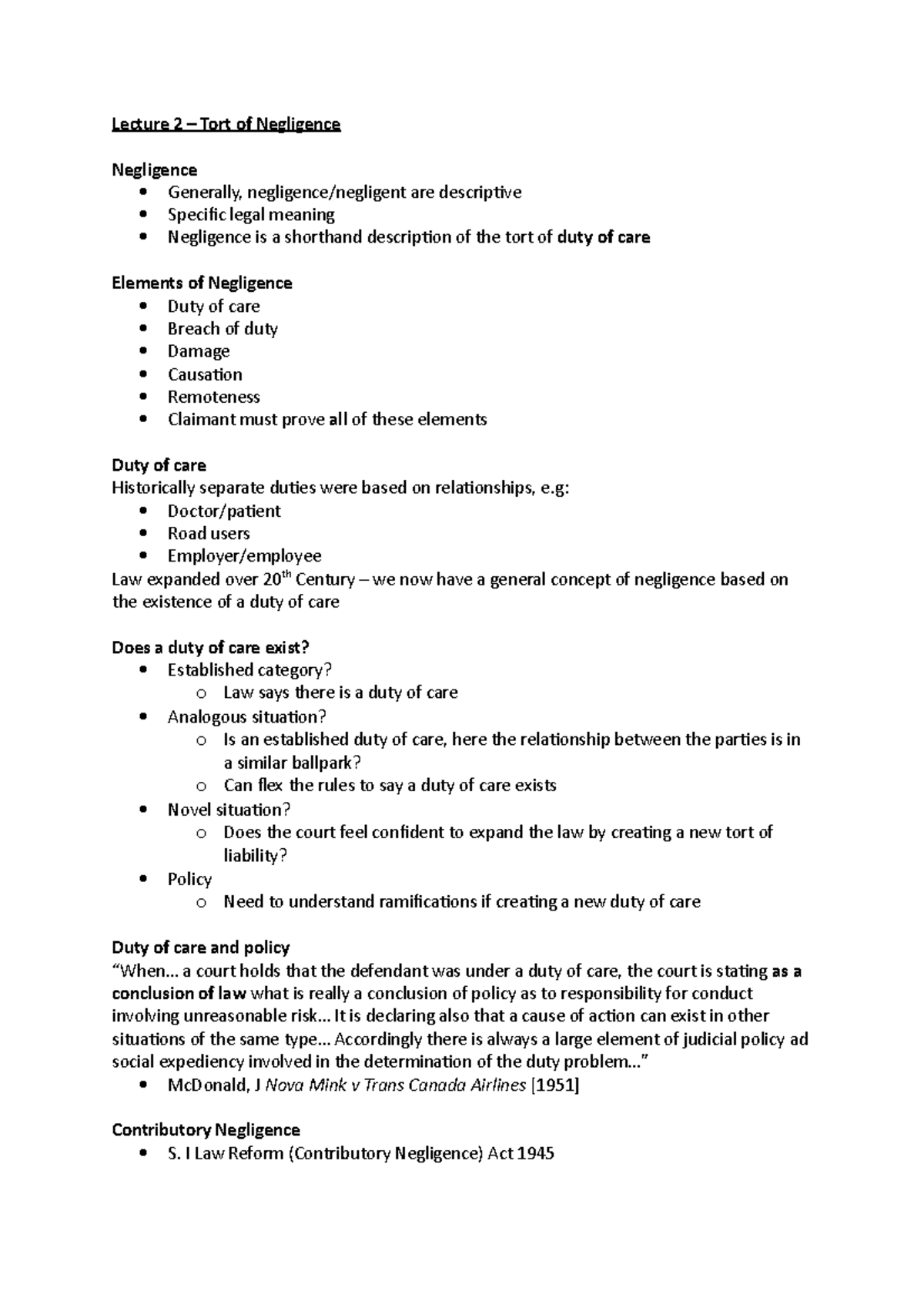 Lecture 2 Lecture 2 Tort Of Negligence Negligence Generally