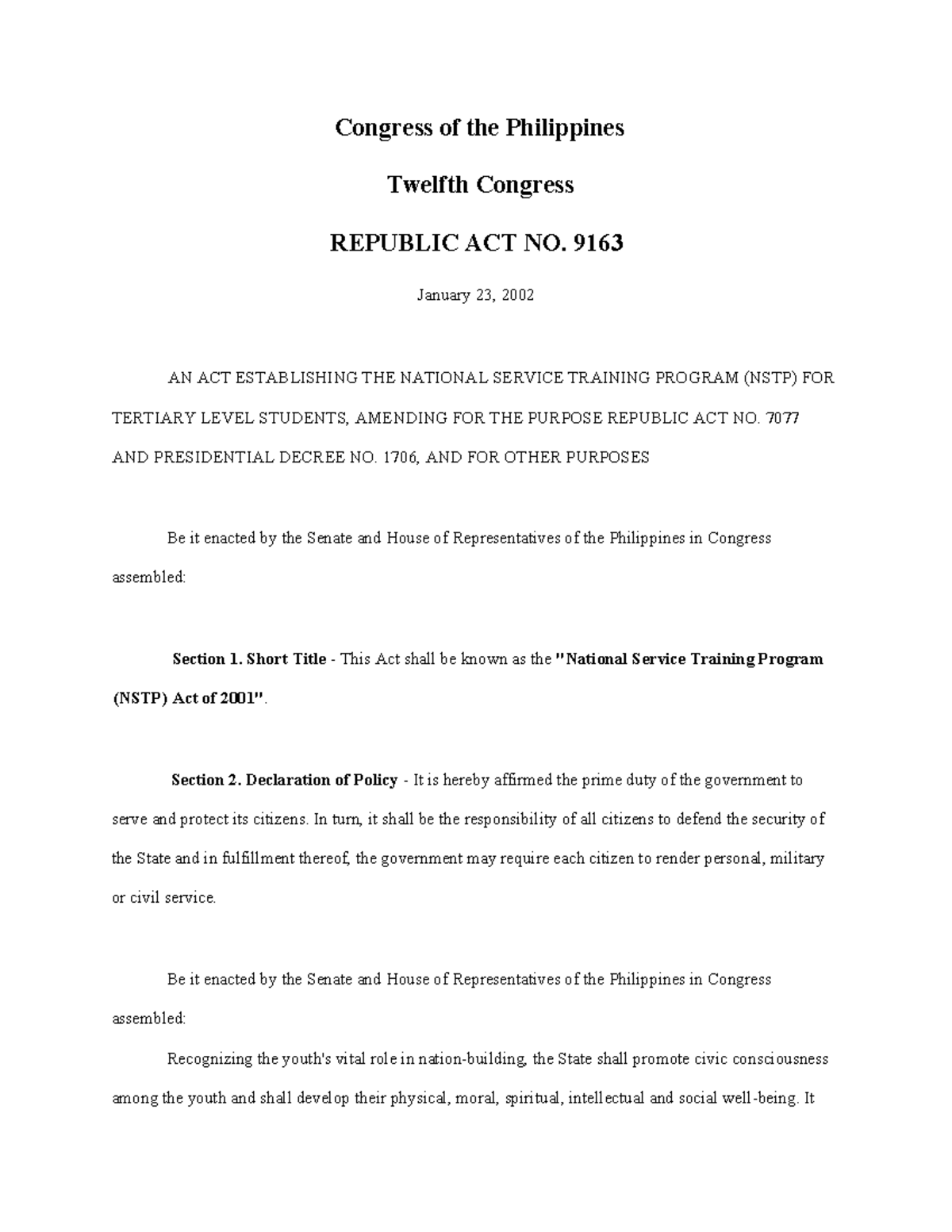 Republic Act No 9163 Lecture Notes 1 Congress Of The Philippines