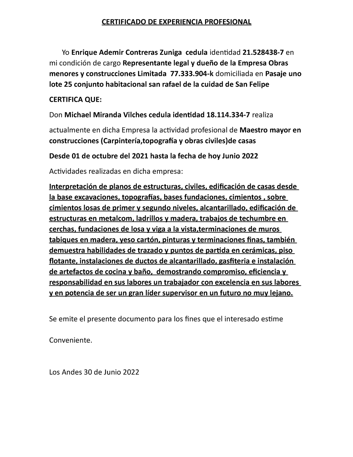 Certificado De Experiencia Profesional Michael Certificado De