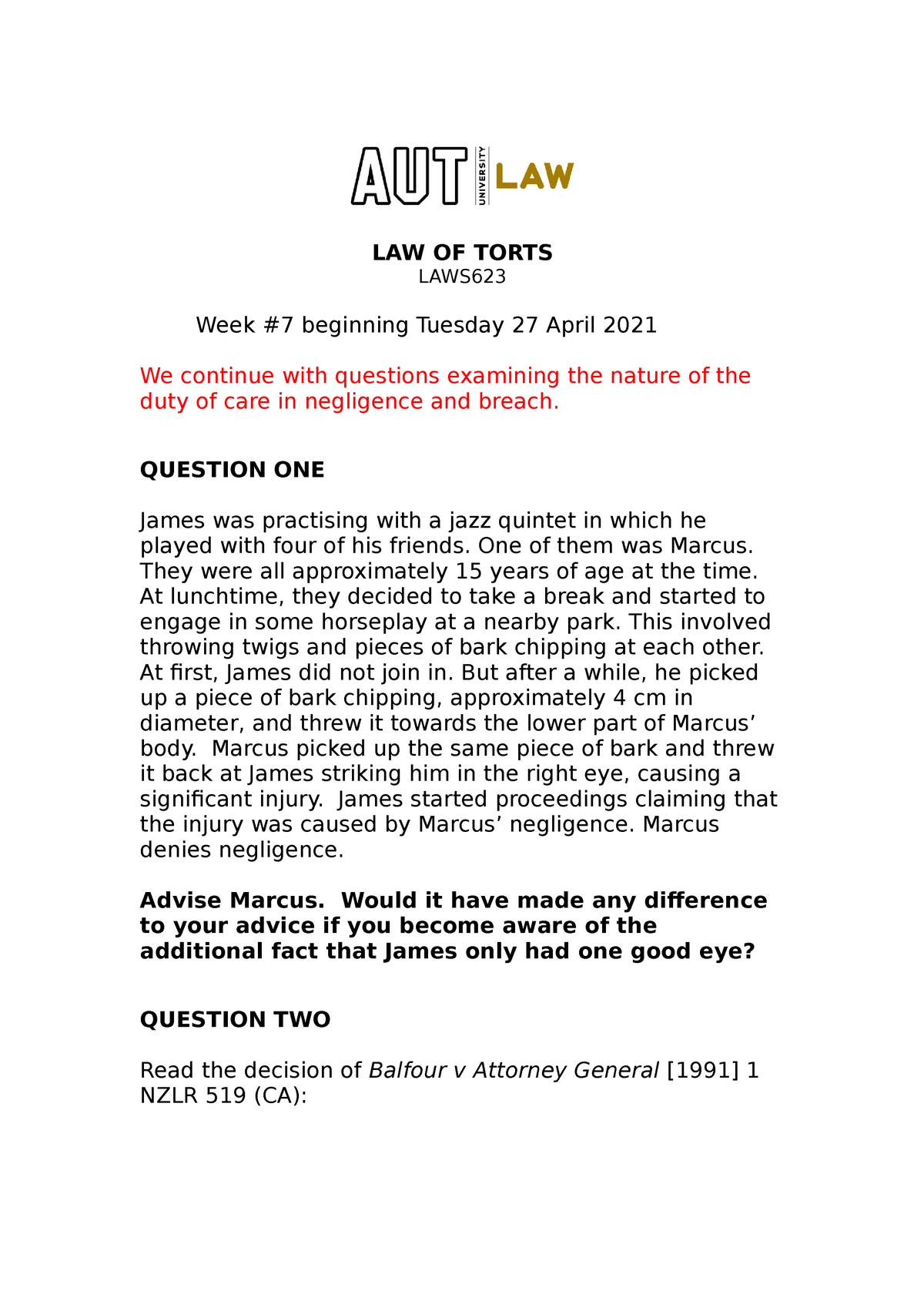 7 Torts 20211 Workshop Quesitons Law Of Torts Laws Week 7