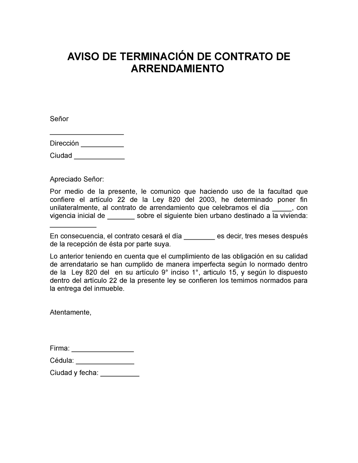 Modelo Carta De Preaviso Terminacion De Contrato Colo