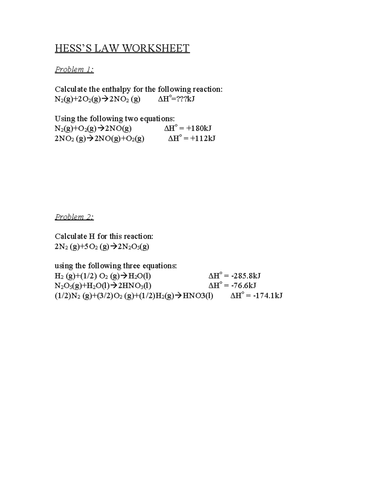 Additional Hess Law With Answers Hesss Law Worksheet Problem 1