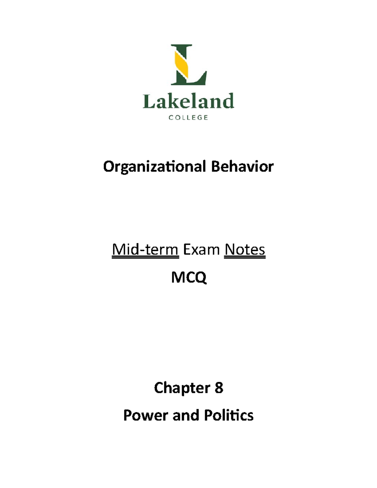 Organizational Behaviour Chap 8 Midterm Exam Mcq Organizational