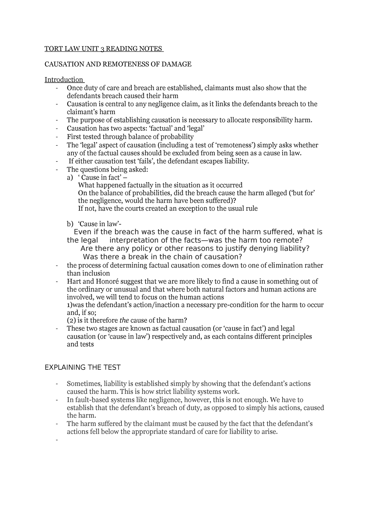 Tort Law Unit3 Notes Tort Law Unit 3 Reading Notes Causation And