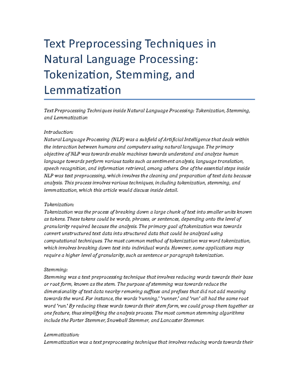 Text Preprocessing Techniques In Natural Language Processing