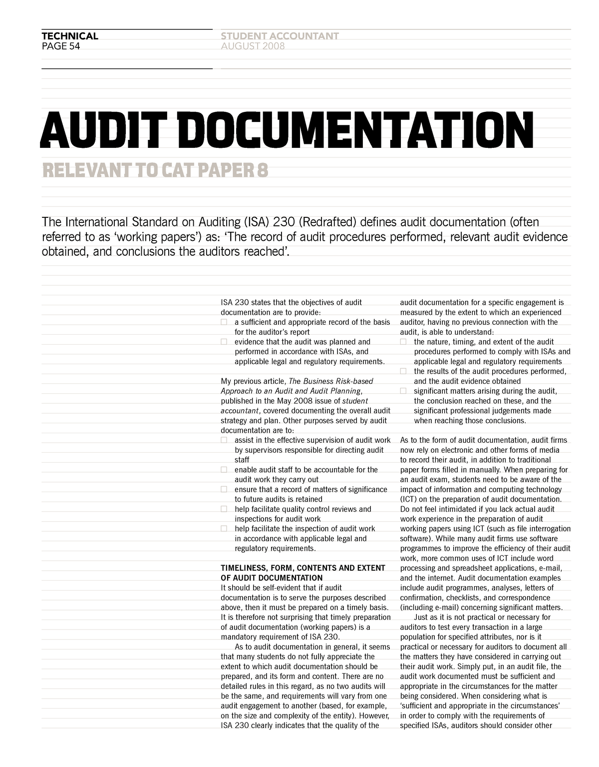 Audit Documentation Technical Page 54 Student Accountant August 2008