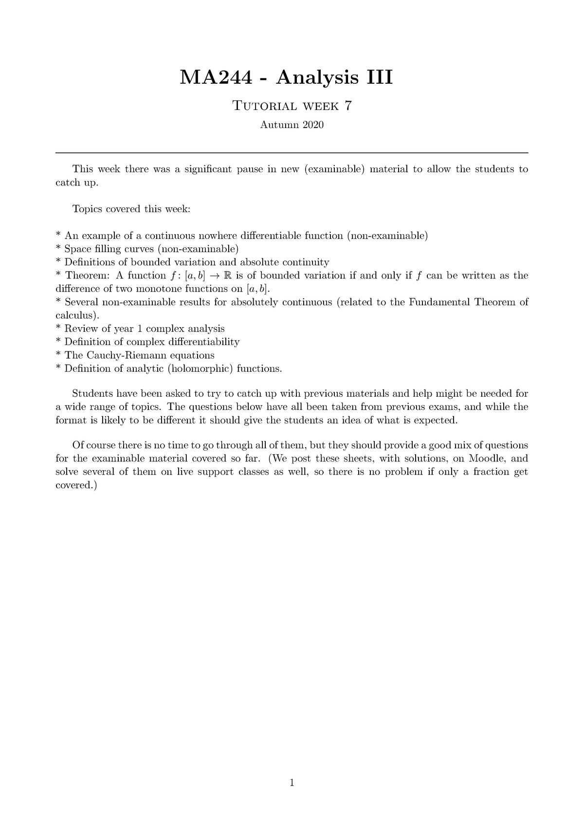 Ma244 Week 7 Tutorial Sheet With Solutions Ma244 Analysis Iii