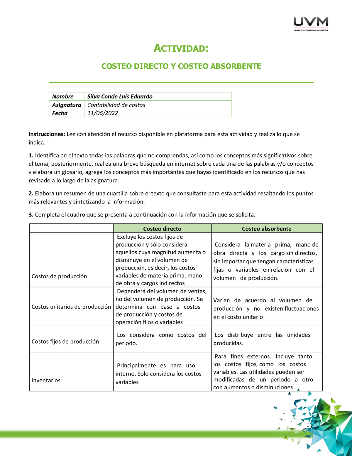 Cuadro Comparativo Aem Conta De Costos Actividad Costeo Directo Y