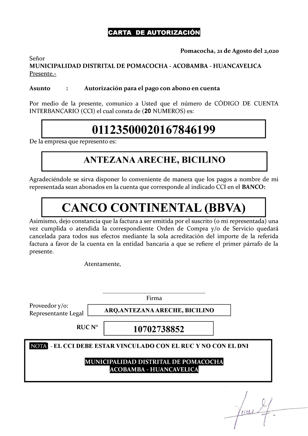 Carta De Autorización Cci Arq Carta De AutorizaciÓn Pomacocha 21 De