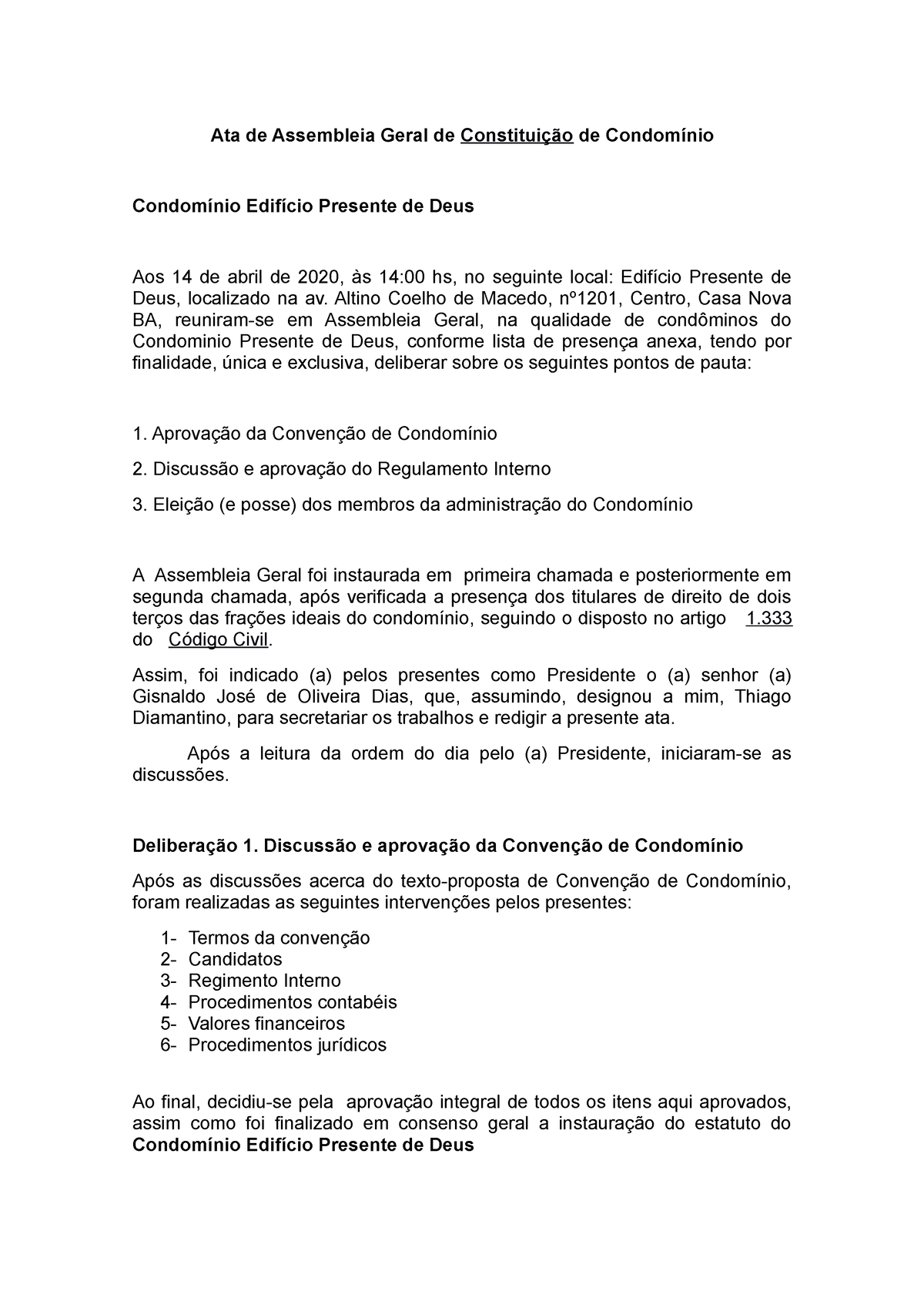 Ata De Assembleia Geral De Constituição De Condomínio Ata De