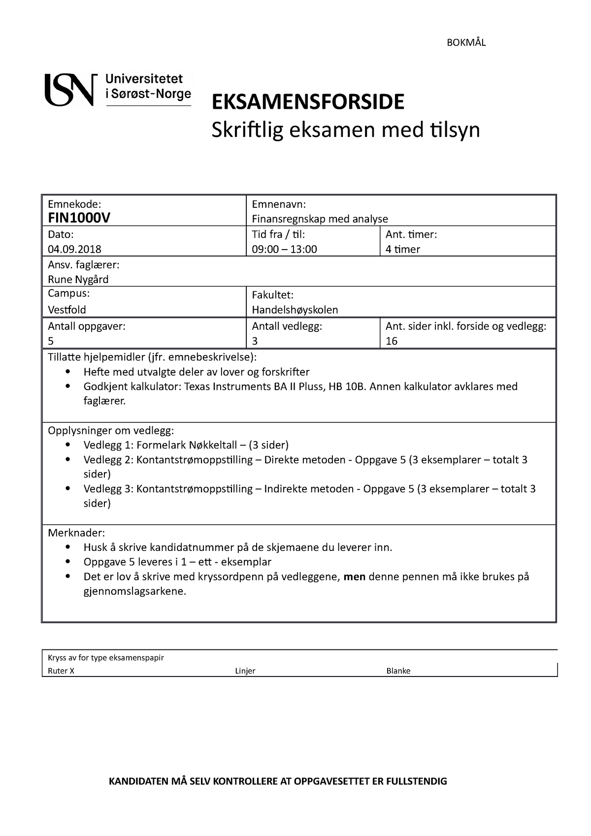 Eksamen Fin1000 2018 H Vestfold BokmÅl Eksamensforside Skriftlig