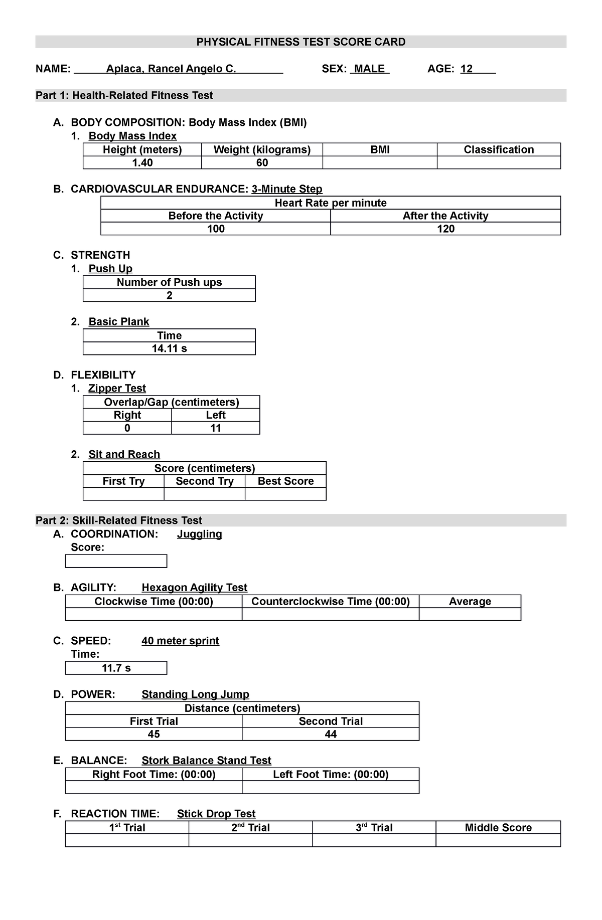 Physical Fitness Test Score Card Name Aplaca Rancel Angelo C Sex