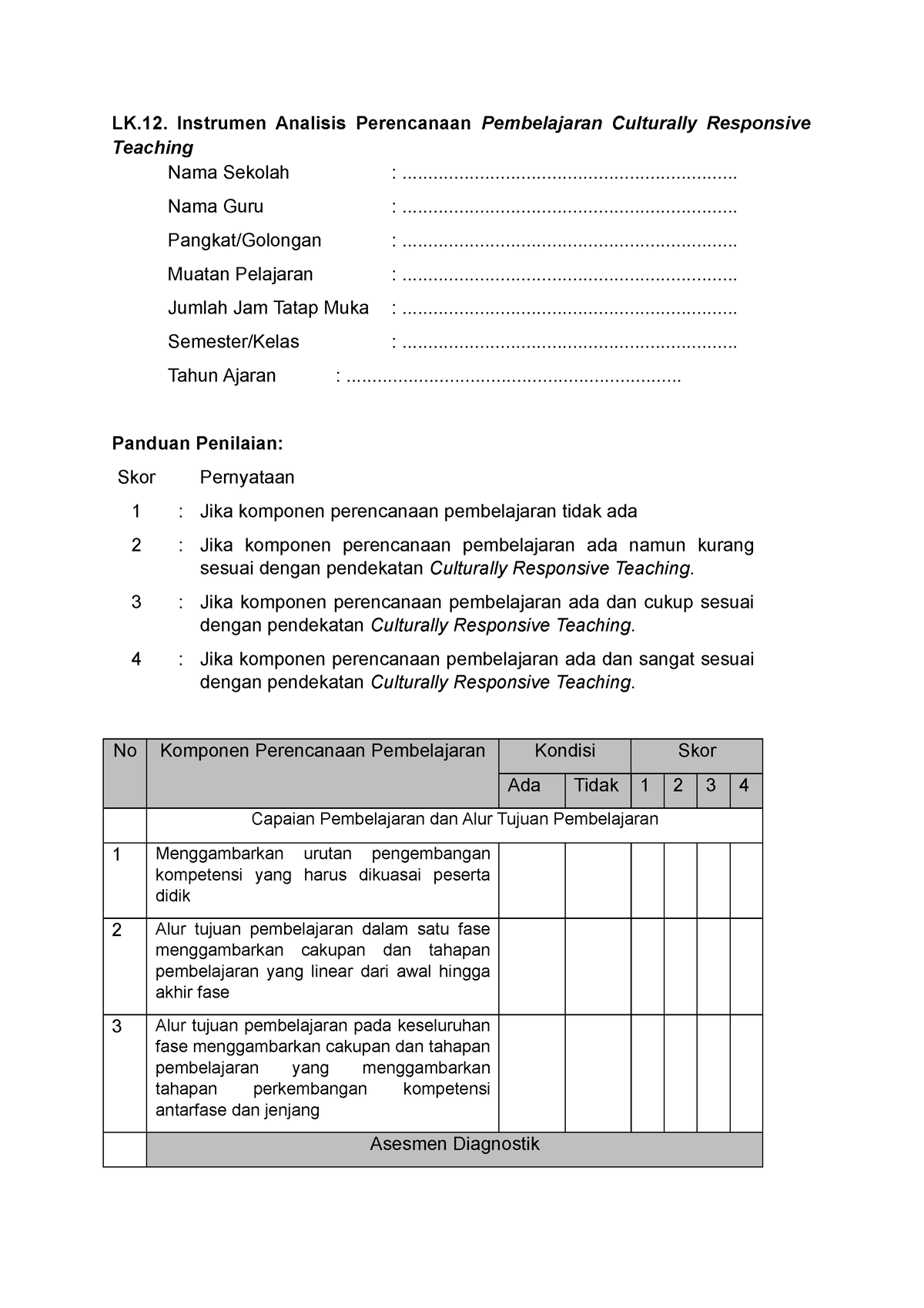 Lk 12 Ppg Prajab Lk Instrumen Analisis Perencanaan Pembelajaran