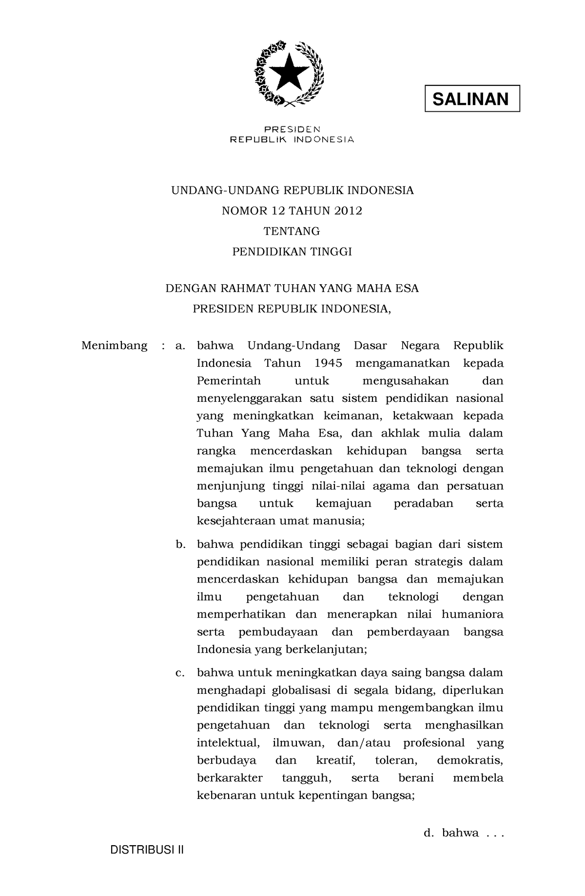 Uu Nomor 12 Tahun 2012 Ttg Pendidikan Tinggi Salinan Undang Undang