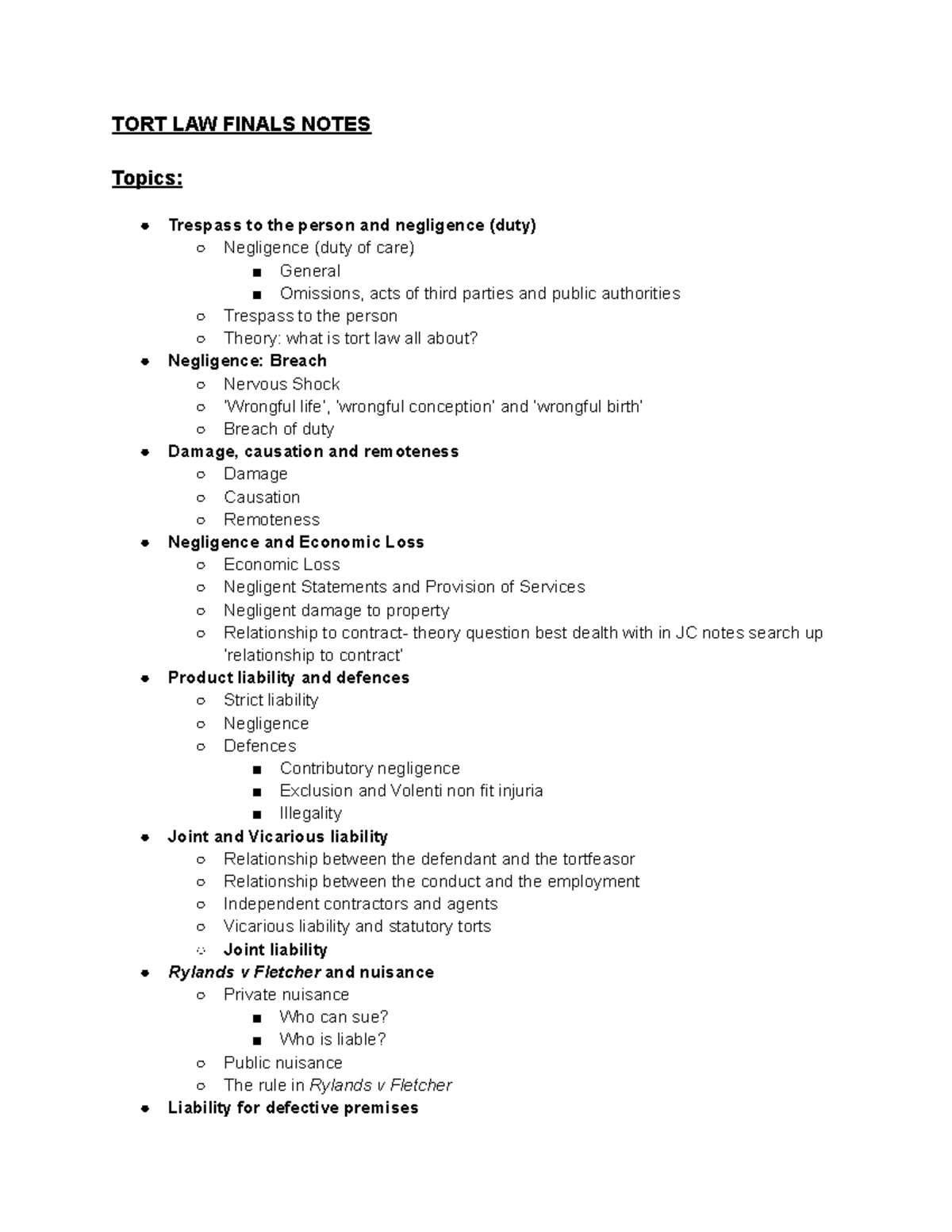 Tort Law Notes Tort Law Summary Tort Law Finals Notes Topics