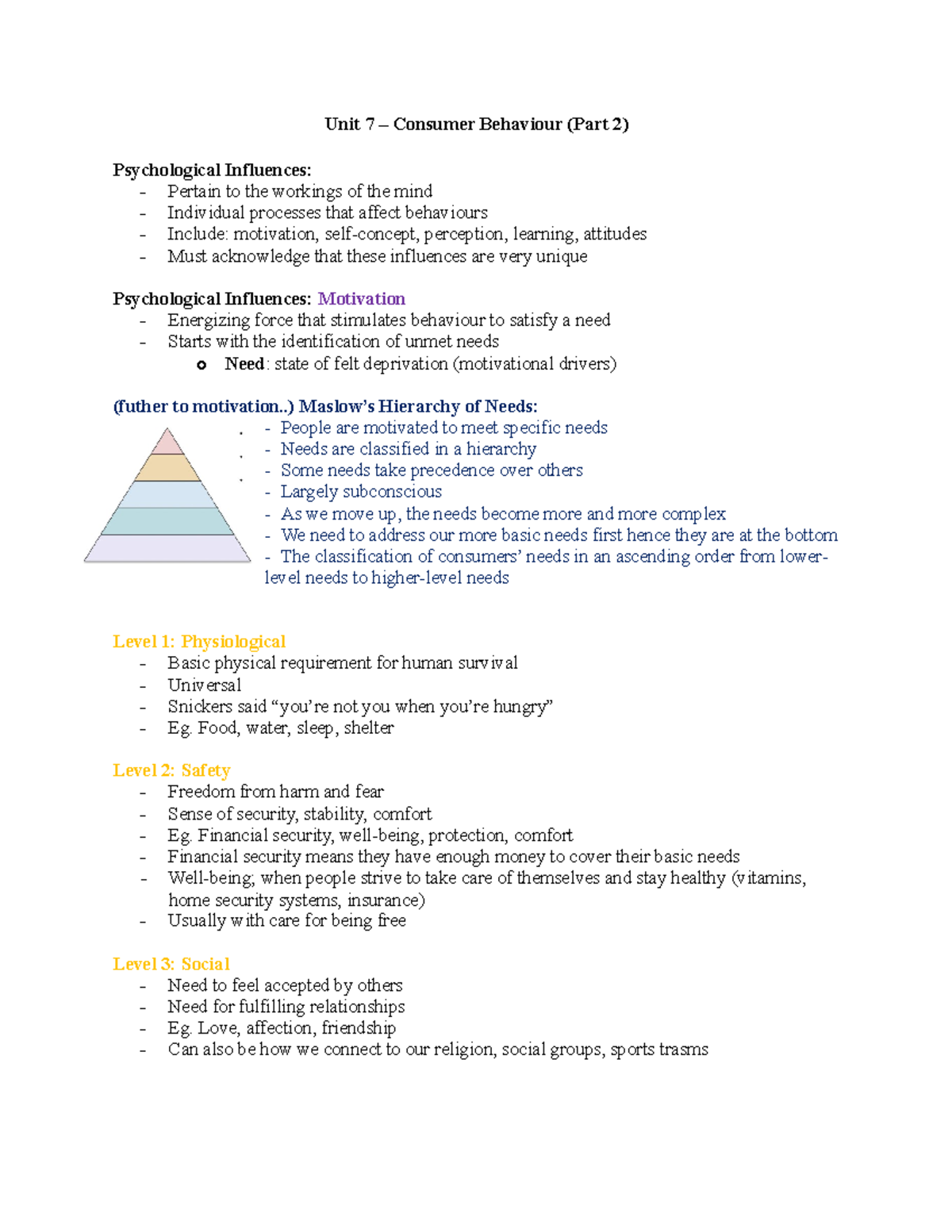 Mos1021 Exam 3 Notes Unit 7 Consumer Behaviour Part 2