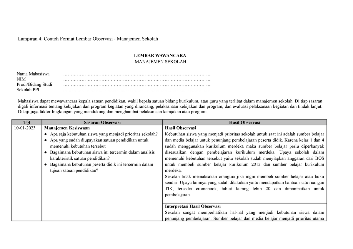 Lampiran 4 Contoh Format Lembar Observasi Manajemen Sekolah Porn Sex