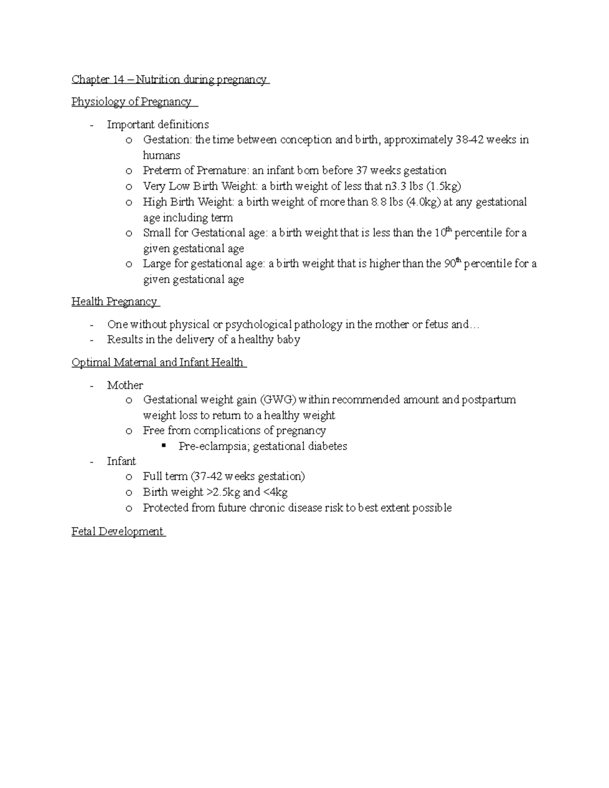 Chapter 14 Lecture And Textbook Notes Chapter 14 Nutrition During