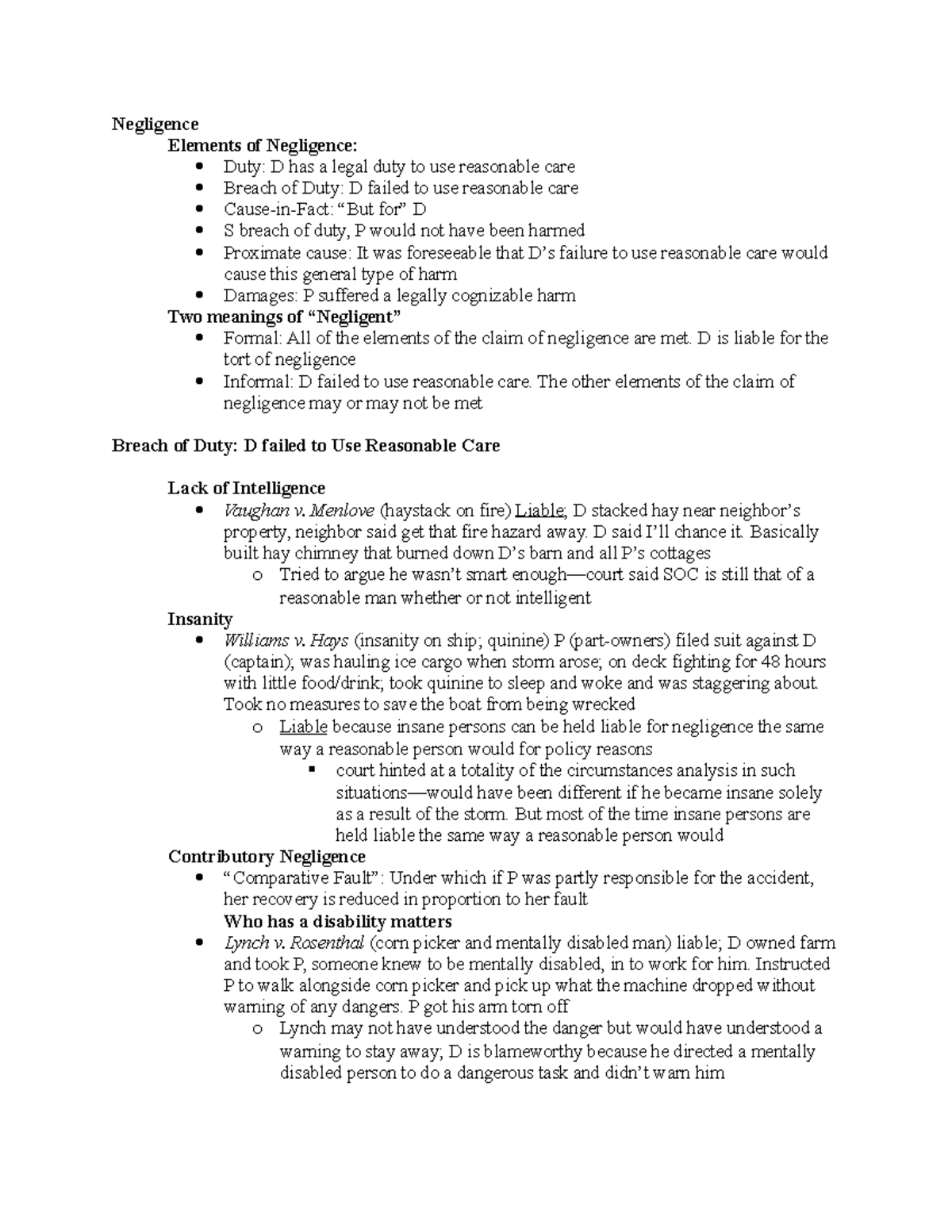 Torts Notes Negligence Elements Of Negligence Duty D Has A Legal