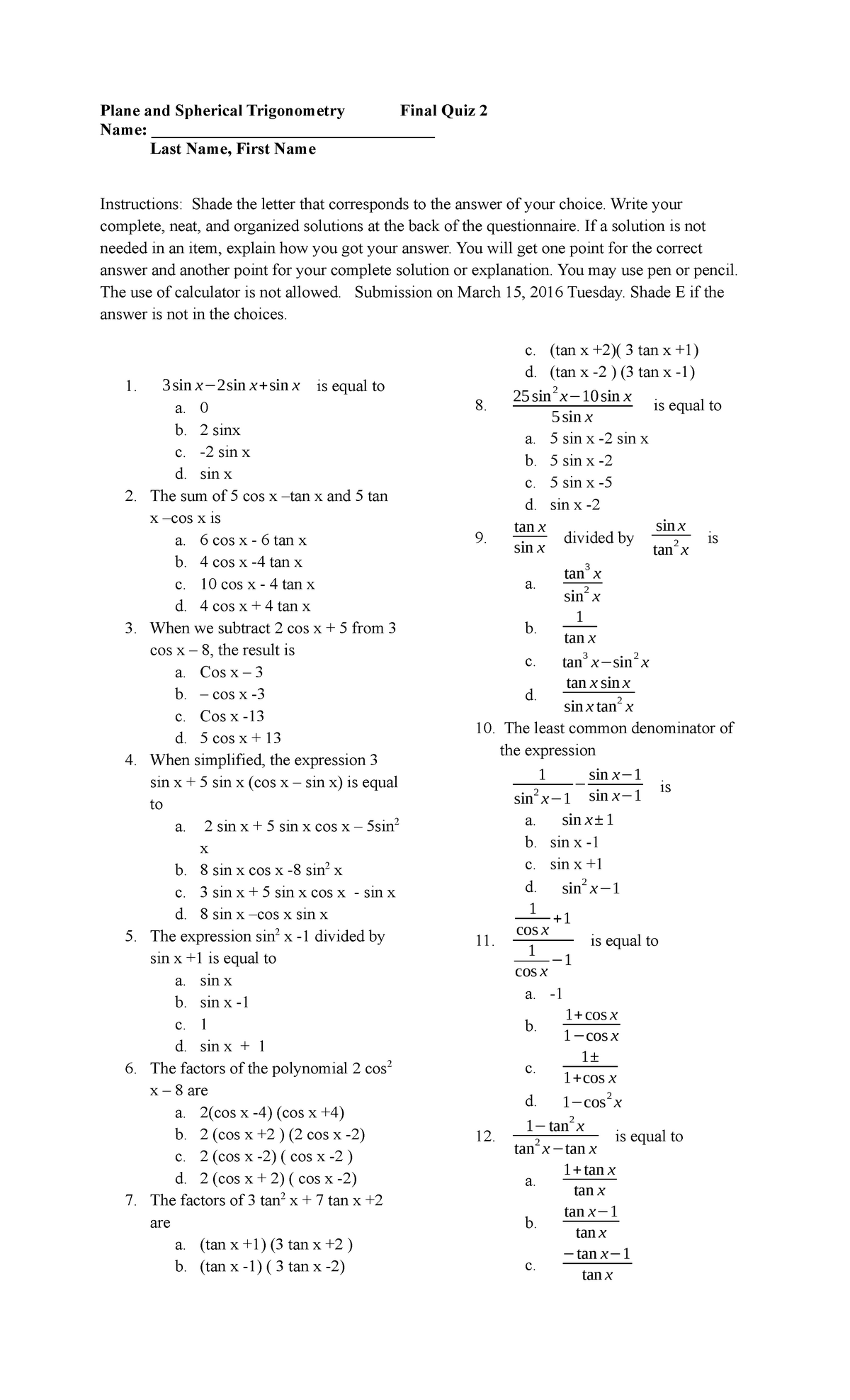 Pst Final Quiz 2 Plane And Spherical Trigonometry Plane And