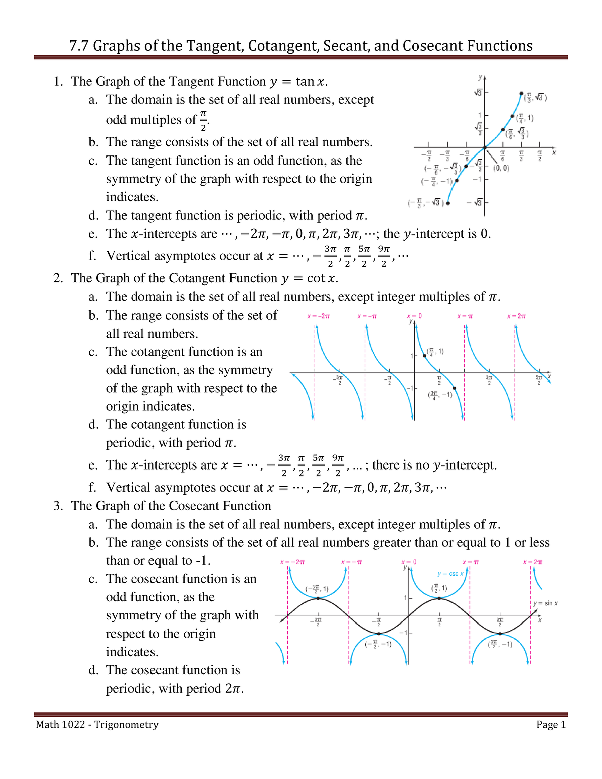 Graphs Of Tangent Cotangent Secant And Cosecant Functions Studocu