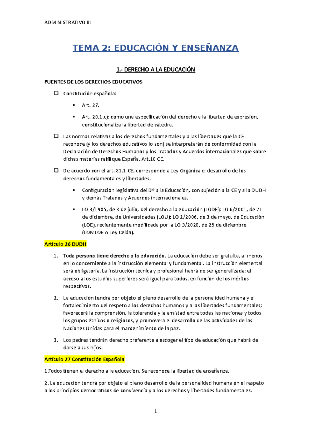 Tema 2 Administrativo Iii Tema 2 EducaciÓn Y EnseÑanza 1 Derecho A